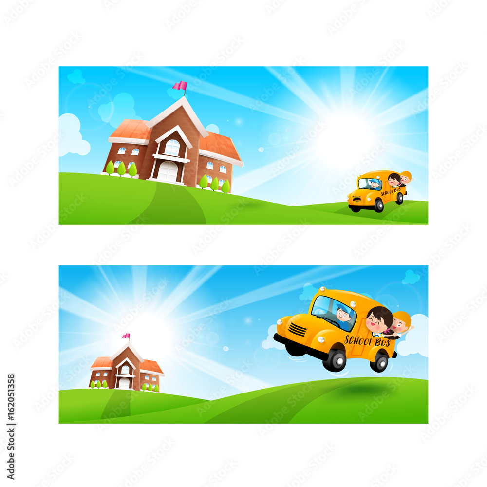 Back to School concept Blank banner template Student kids on school bus ...