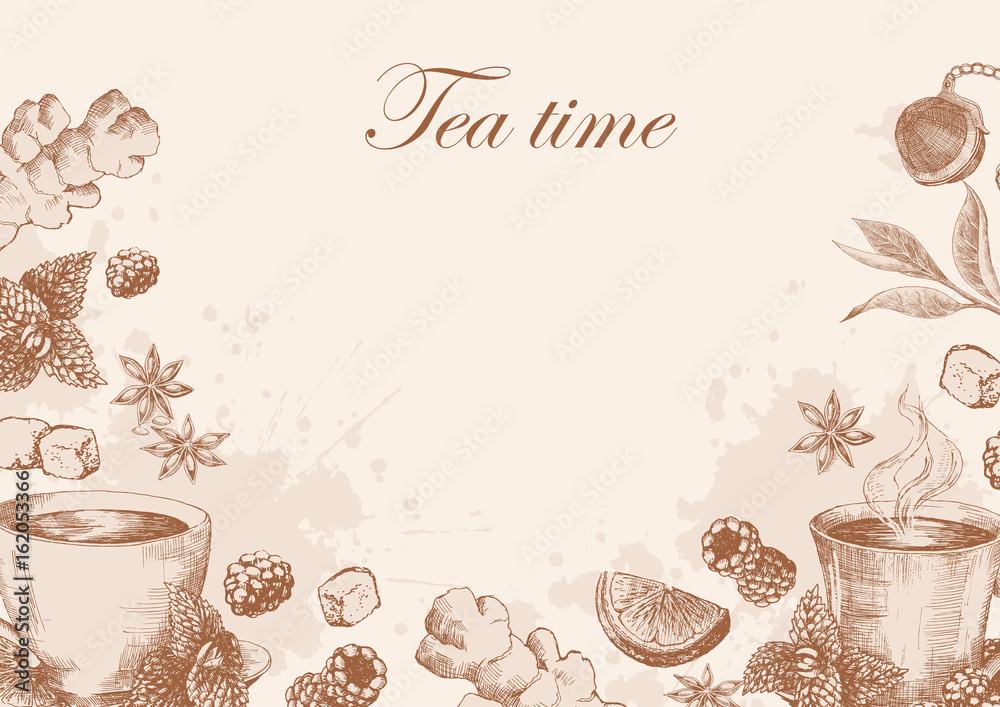 Horizontal vintage background with hand drawn tea elements. Retro ...