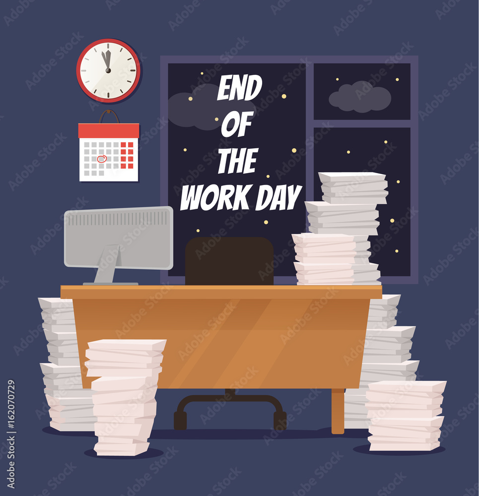 End of the day. Empty office. Vector flat cartoon illustration Stock ...