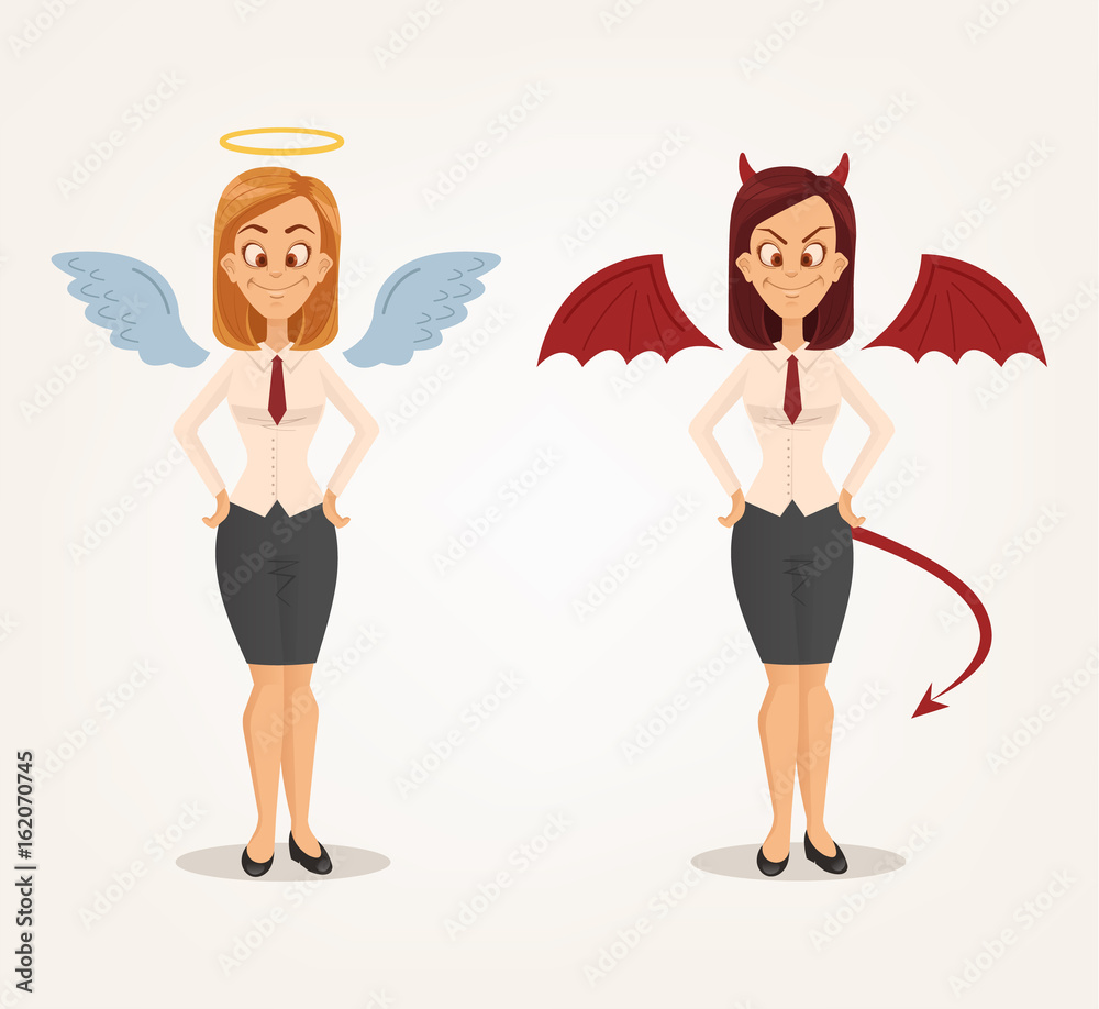 Angel and devil business woman office workers characters. Good and bad ...