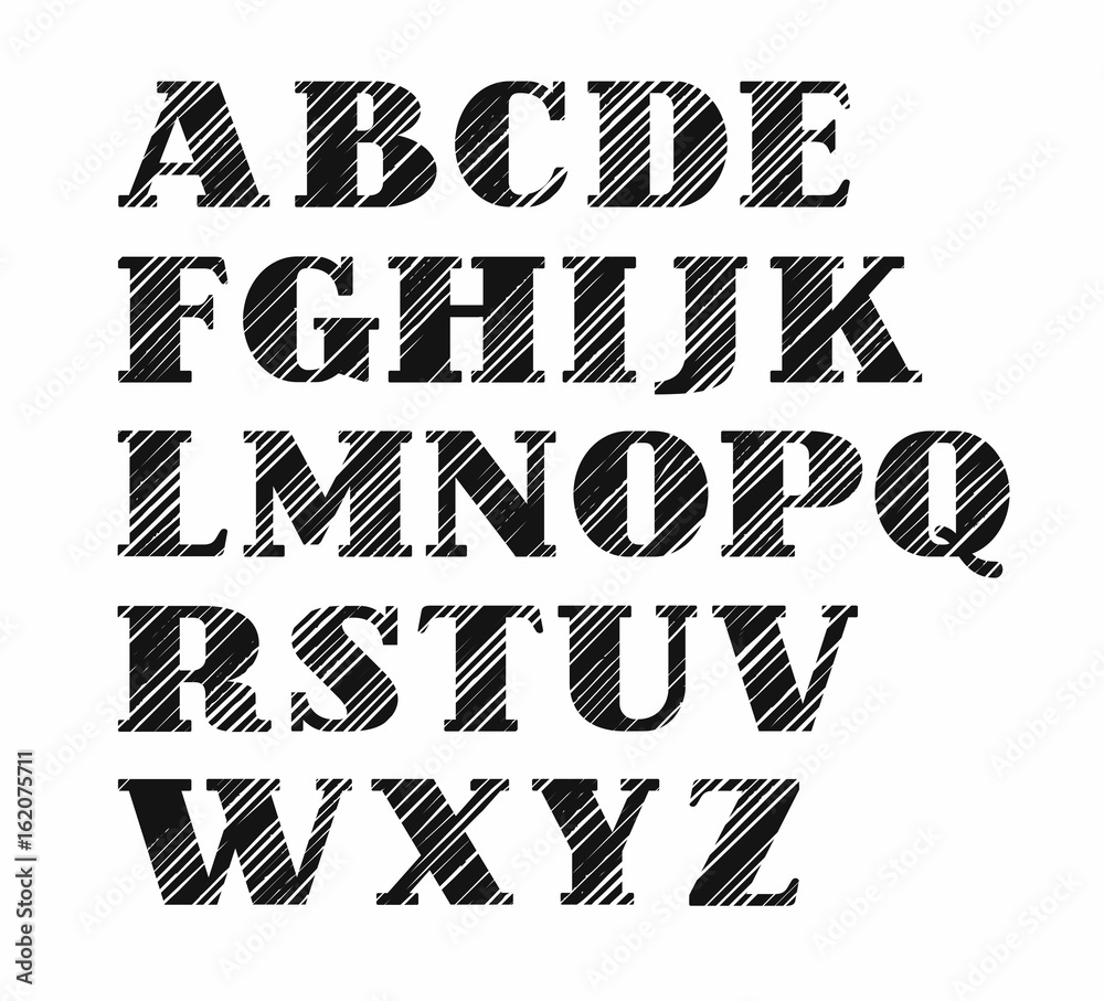 English font, diagonal Crosshatch, black, white background, vector ...