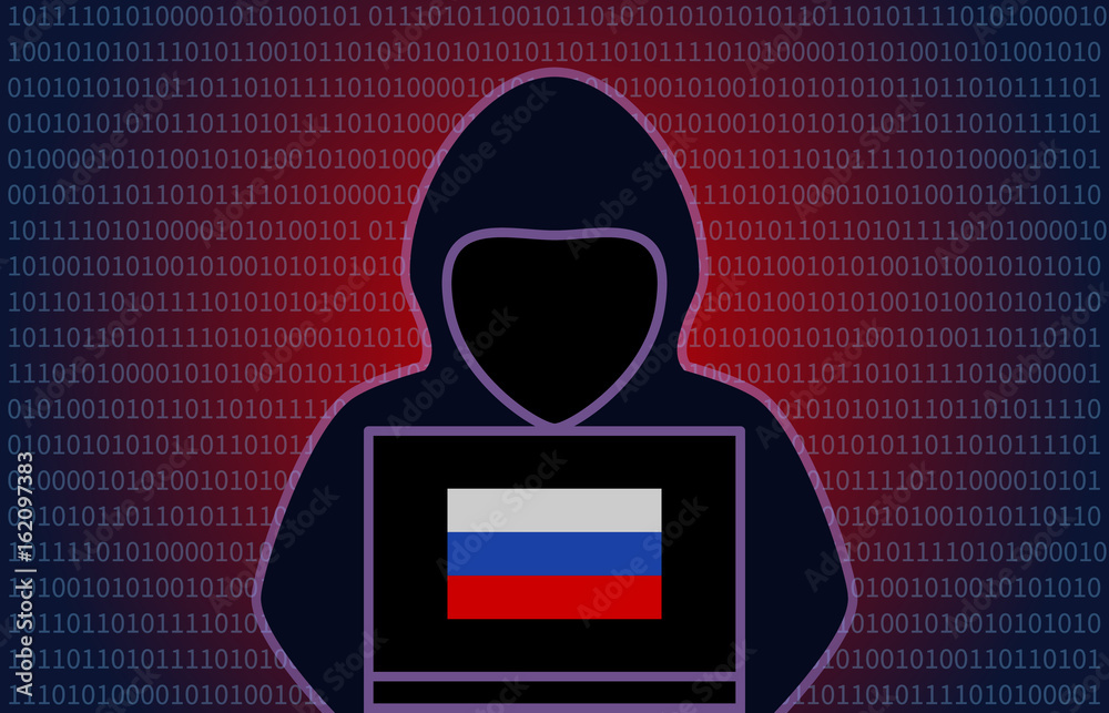 Mysterious hooded Russian hacker with Russian flag flat vector ...