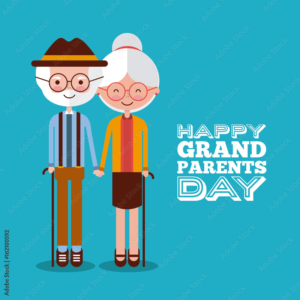 Cute elder couple with walking sticks and happy grandparents day sign ...
