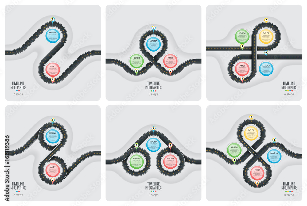 Set of Navigation map infographic timeline concept. Winding road Stock ...