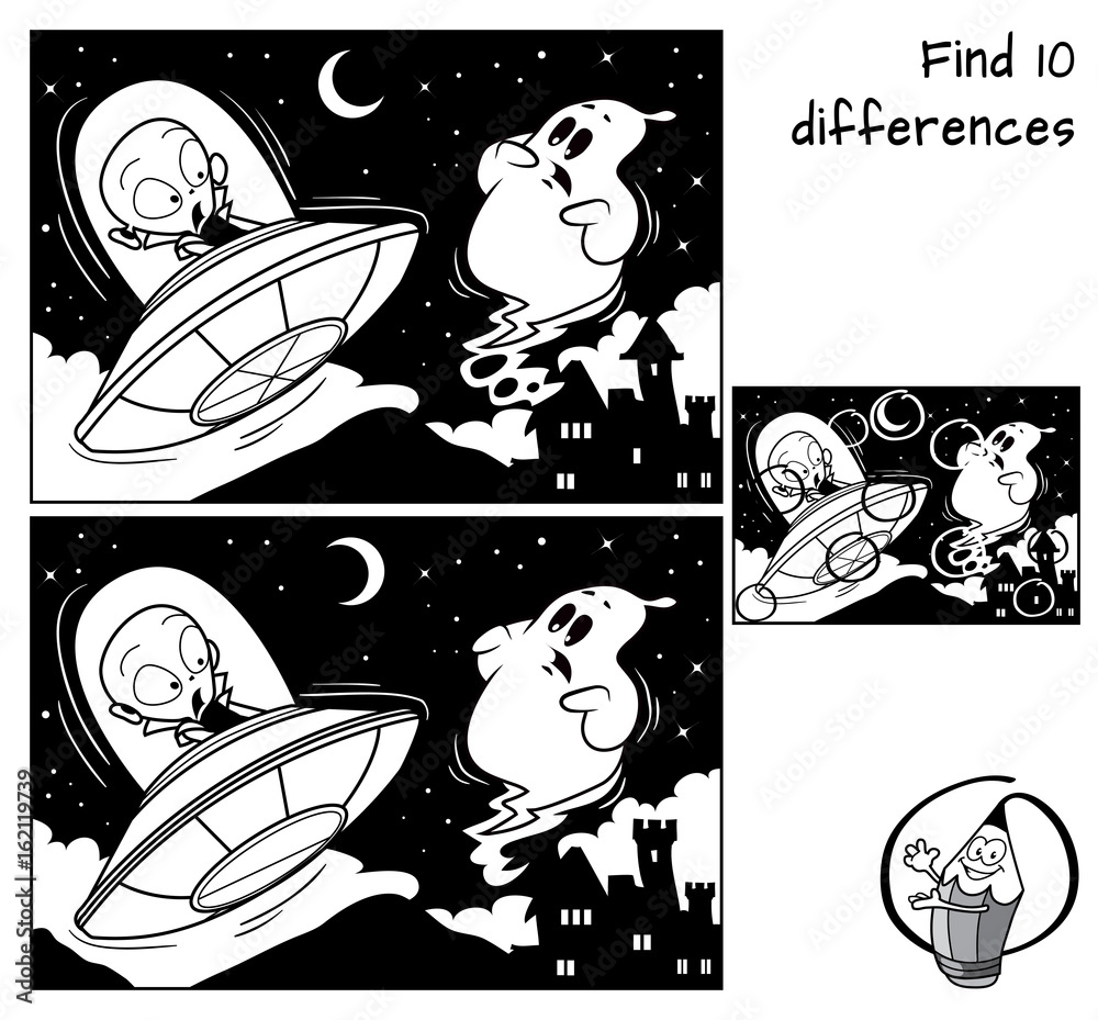 Alien on a UFO and ghost. Find 10 differences. Educational game for ...