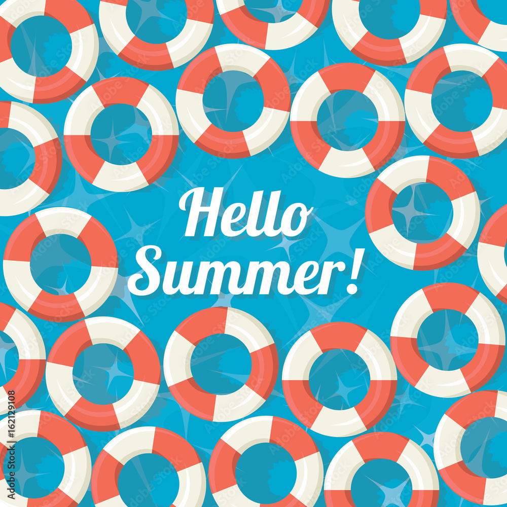 Hello Summer - Swimming Pool Red Floating Rings Background - vector ...