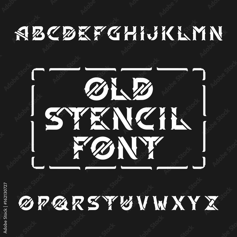Old stencil alphabet vector font. Type letters on a dark background ...