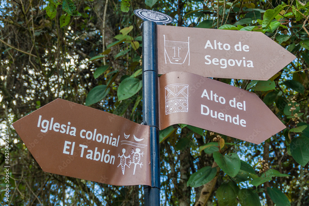 Direction signs pointing to various archeological sites in Tierradentro ...