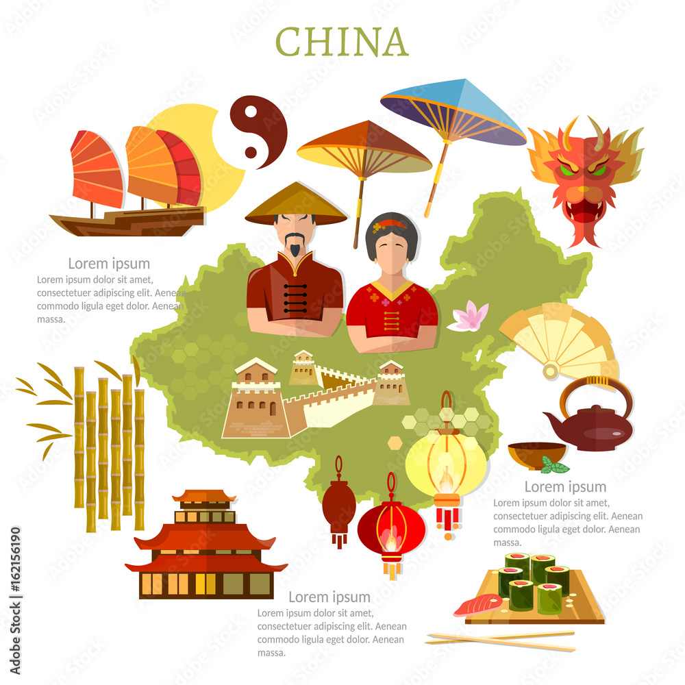 China infographics. sights, culture,chinese traditions, map, people ...