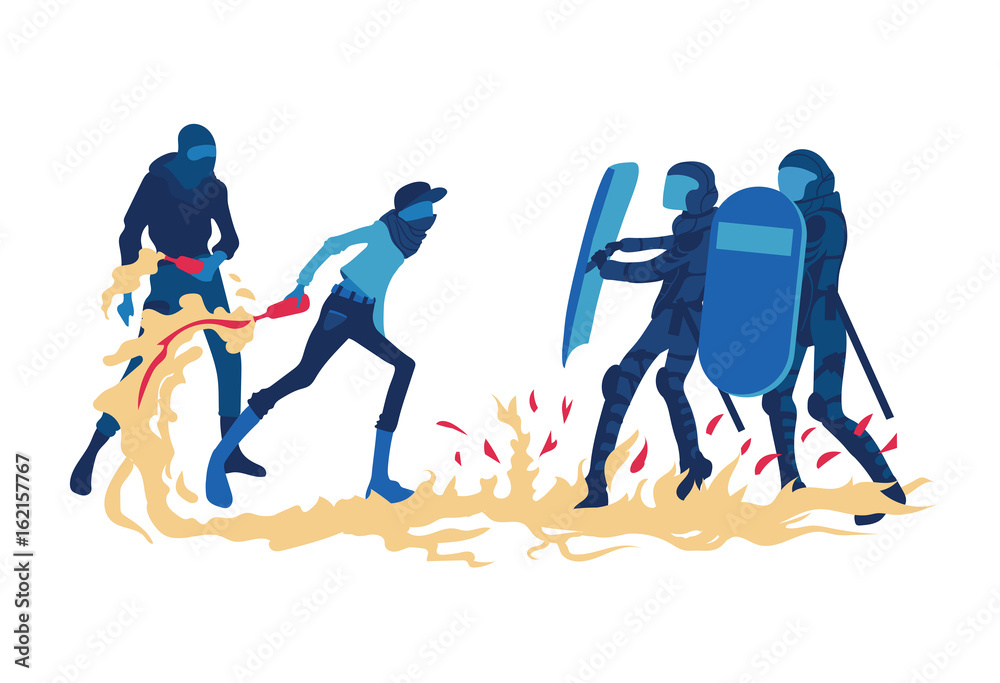 Street riots and protests. Protesting men with a Molotov cocktail are ...