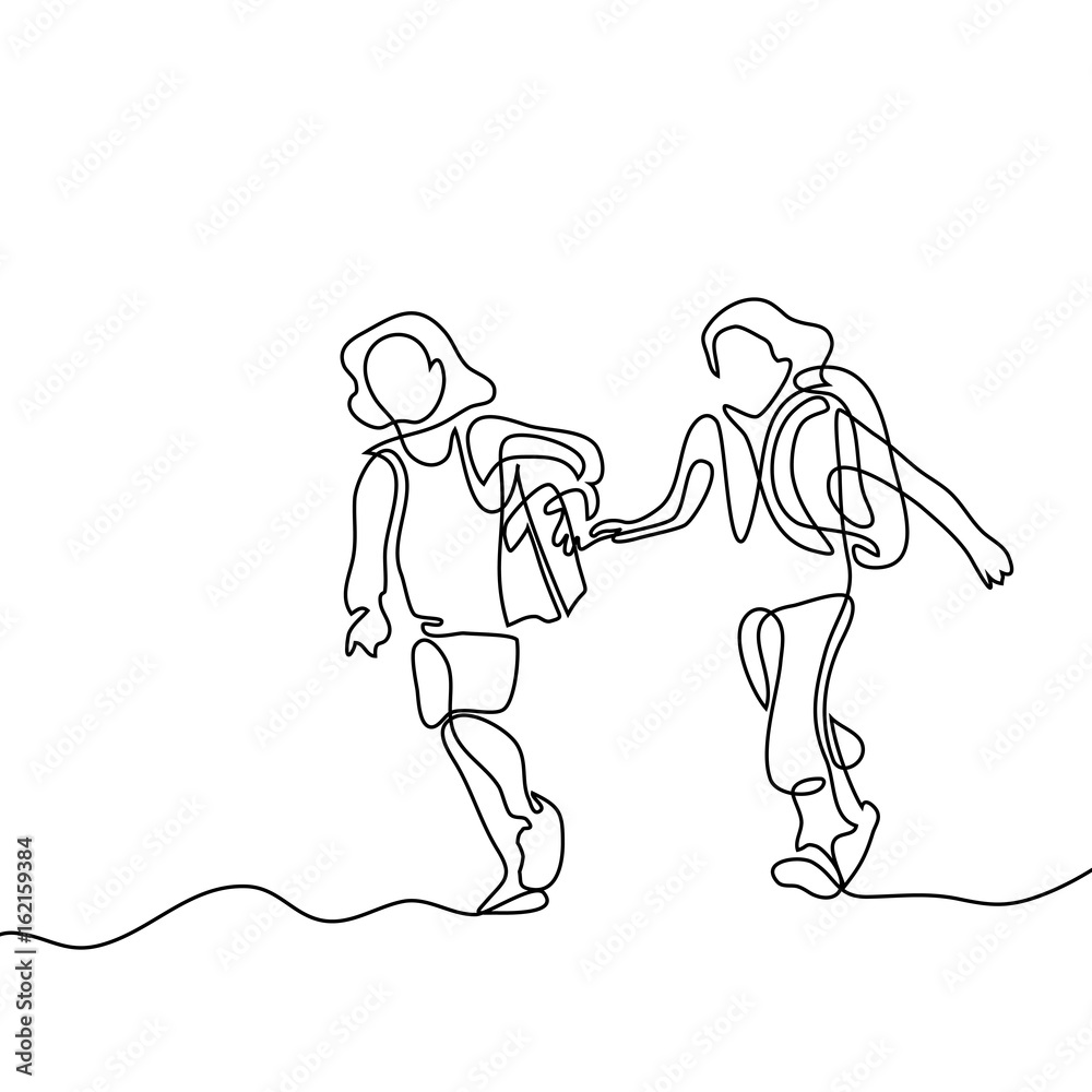 Kids running back to school with bags. Continuous line drawing. Vector ...
