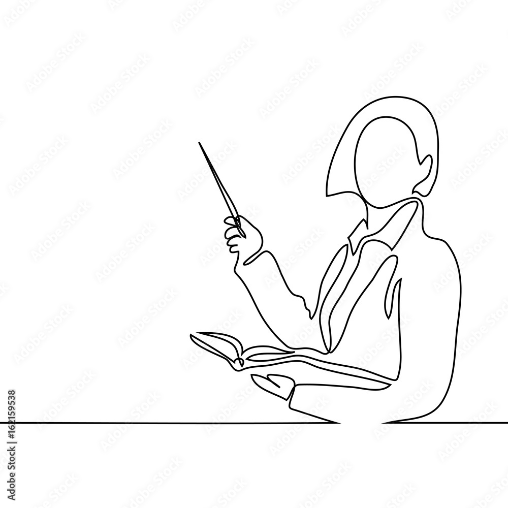 Teacher with book and pointer. Continuous line drawing vector ...