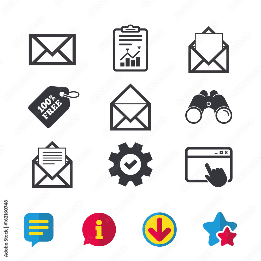 Mail envelope icons. Message document symbols. Post office letter signs ...