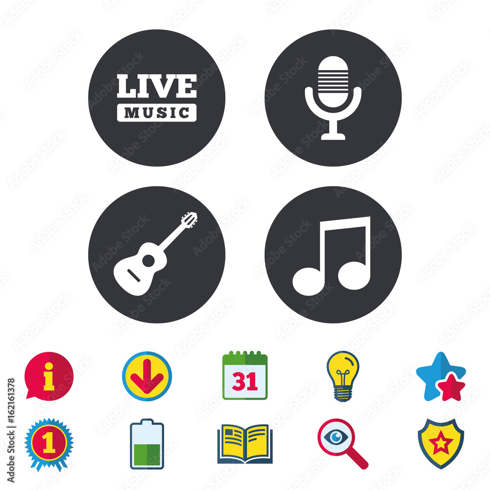 Musical elements icons. Microphone and Live music symbols. Music note ...