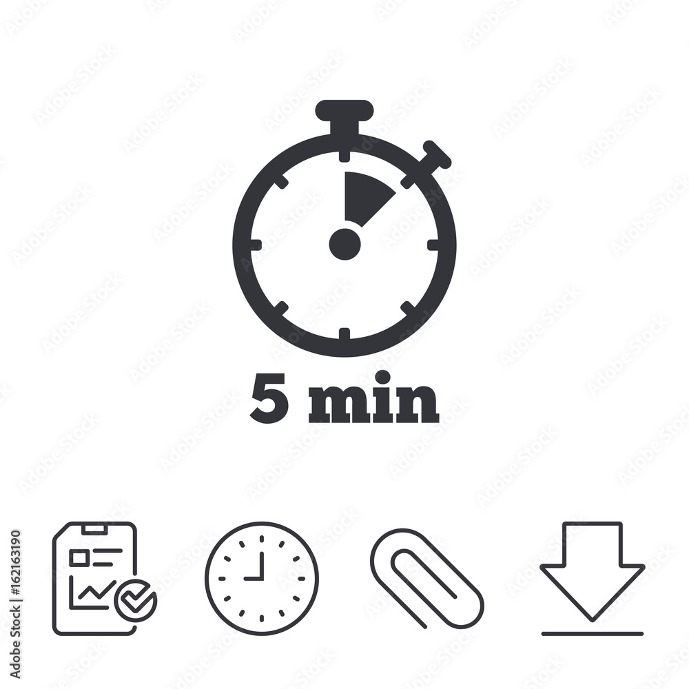 Timer sign icon. 5 minutes stopwatch symbol. Report, Time and Download ...