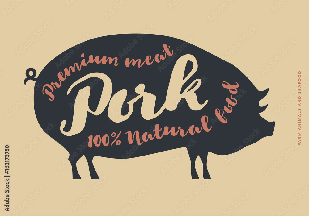 Image with pork silhouette. Typographic hand-draw. Farm animals with ...