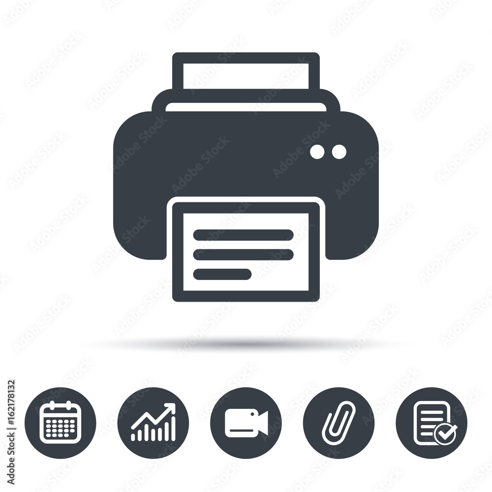 Printer icon. Print documents technology symbol. Calendar, chart and ...