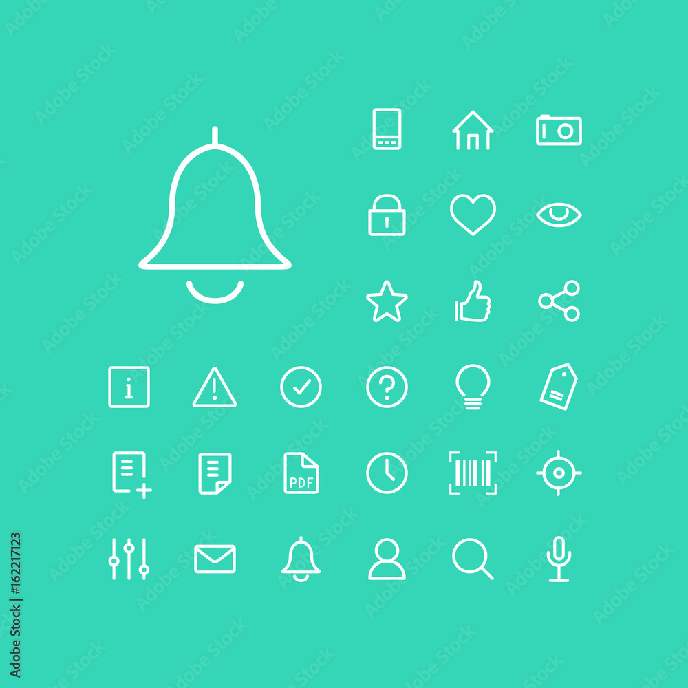 Bell icon in set on the green background. Universal linear icons to use ...