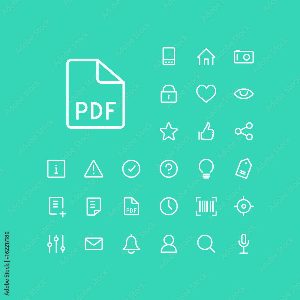 Document PDF icon in set on the green background. Universal linear ...