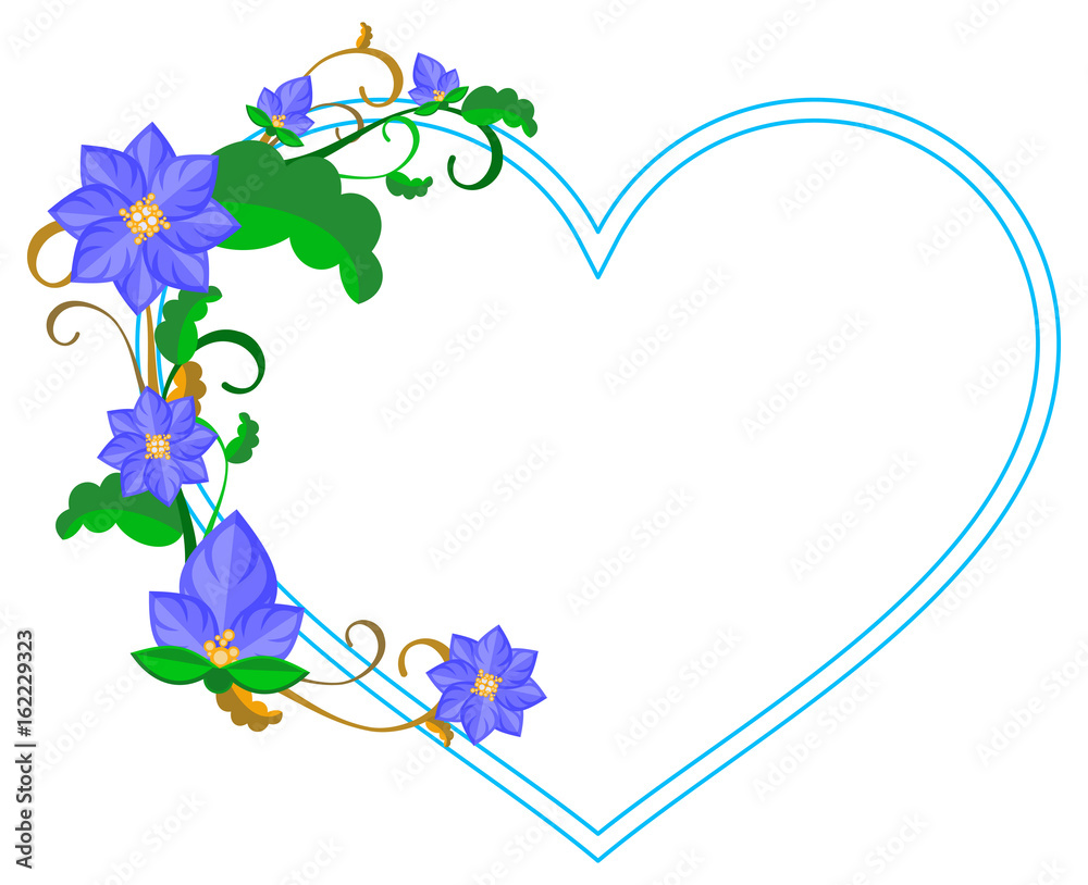 Heart shaped decorative frame with abstract blue flowers. Vector clip ...