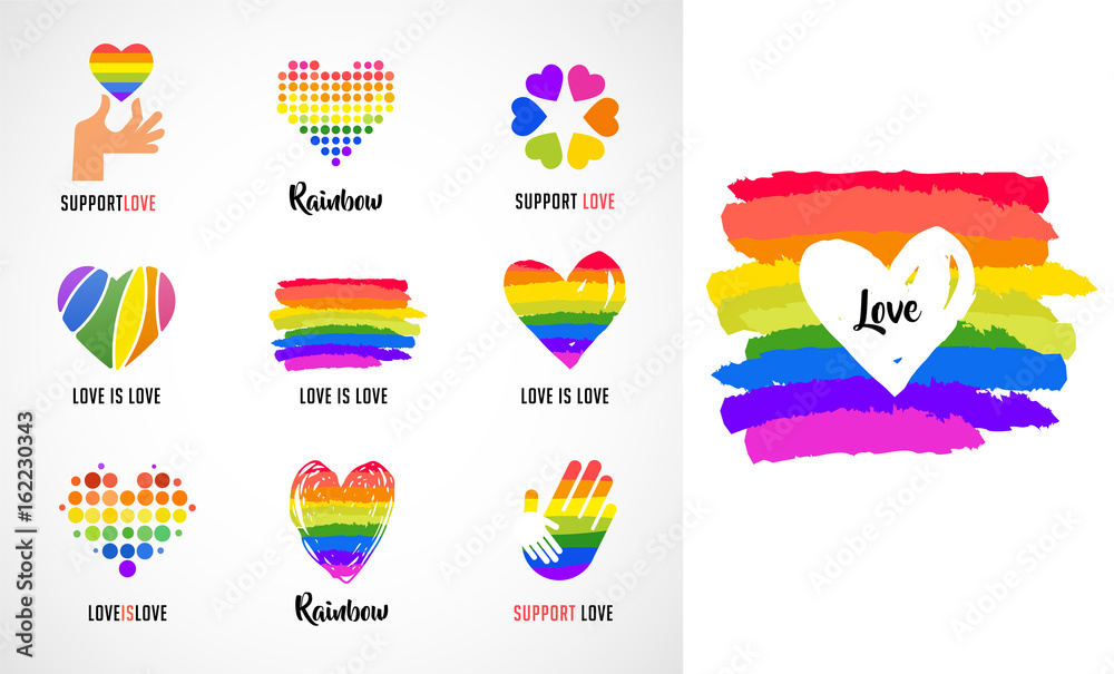 Gay, LGBT collection of symbols, icons and logos with rainbow, heart ...