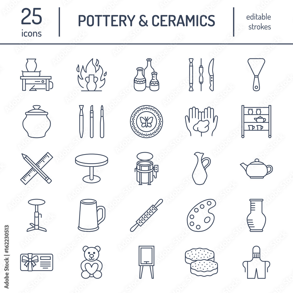 Vektorová grafika „Pottery workshop, ceramics classes line icons. Clay ...