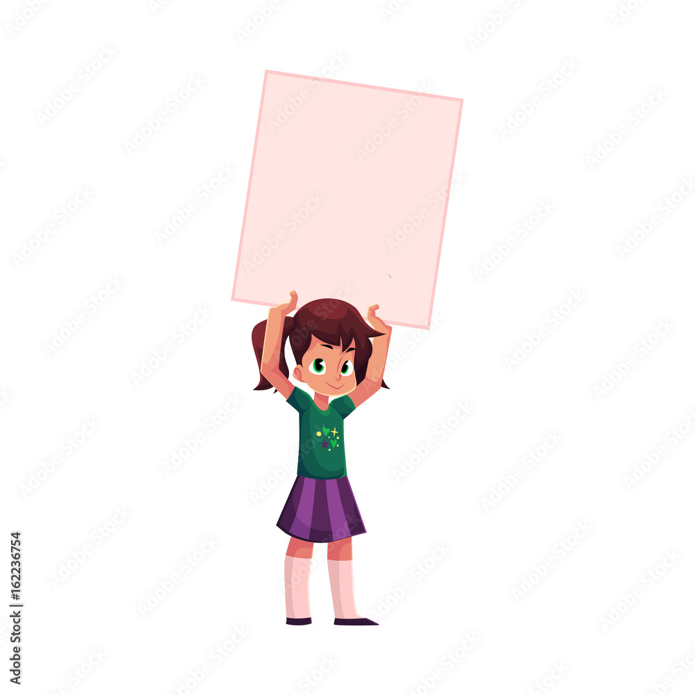 Little girl, child, kid holding blank empty poster, board, message or ...