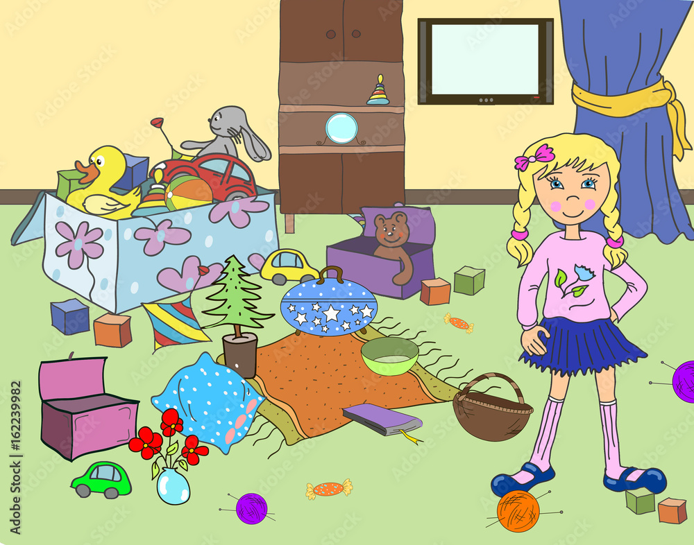 Illustration for children, cartoon. Clutter in the children's room ...