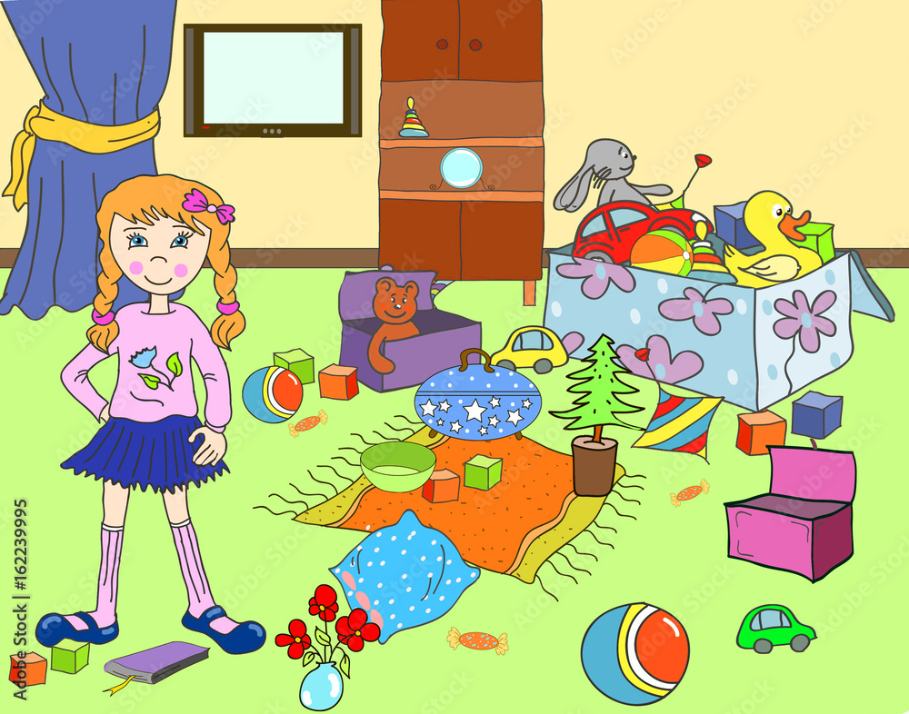 Illustration for children, cartoon. Clutter in the children's room ...