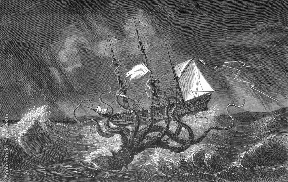 Kraken attacking ship during a storm. Date: circa 1700 Stock Photo ...