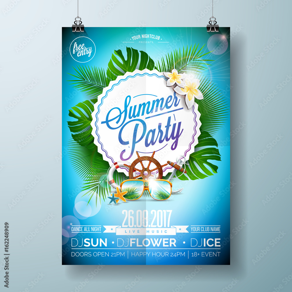 Summer Beach Party Flyer Design with typographic design on nature ...