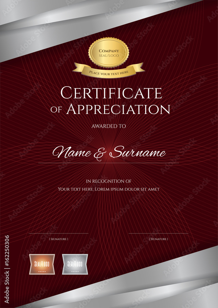 Portrait luxury certificate template with elegant red and silver border frame, Diploma design ...