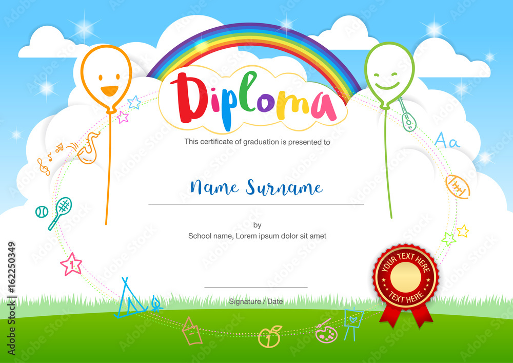 Colorful kids summer camp diploma certificate template in cartoon style ...