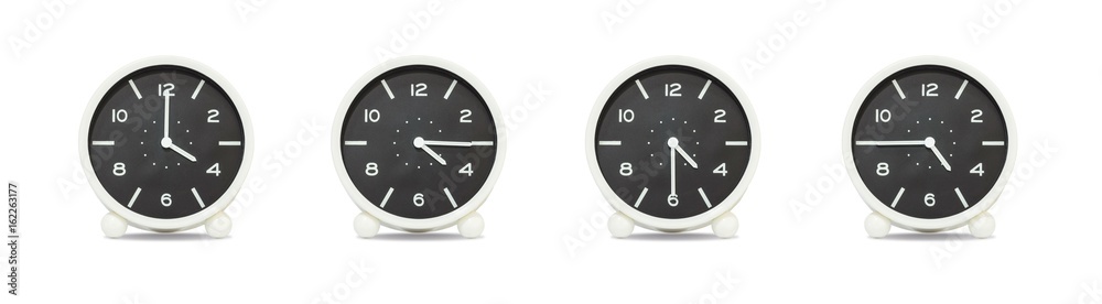 Closeup group of black and white clock for decorate show the time in 4 ...