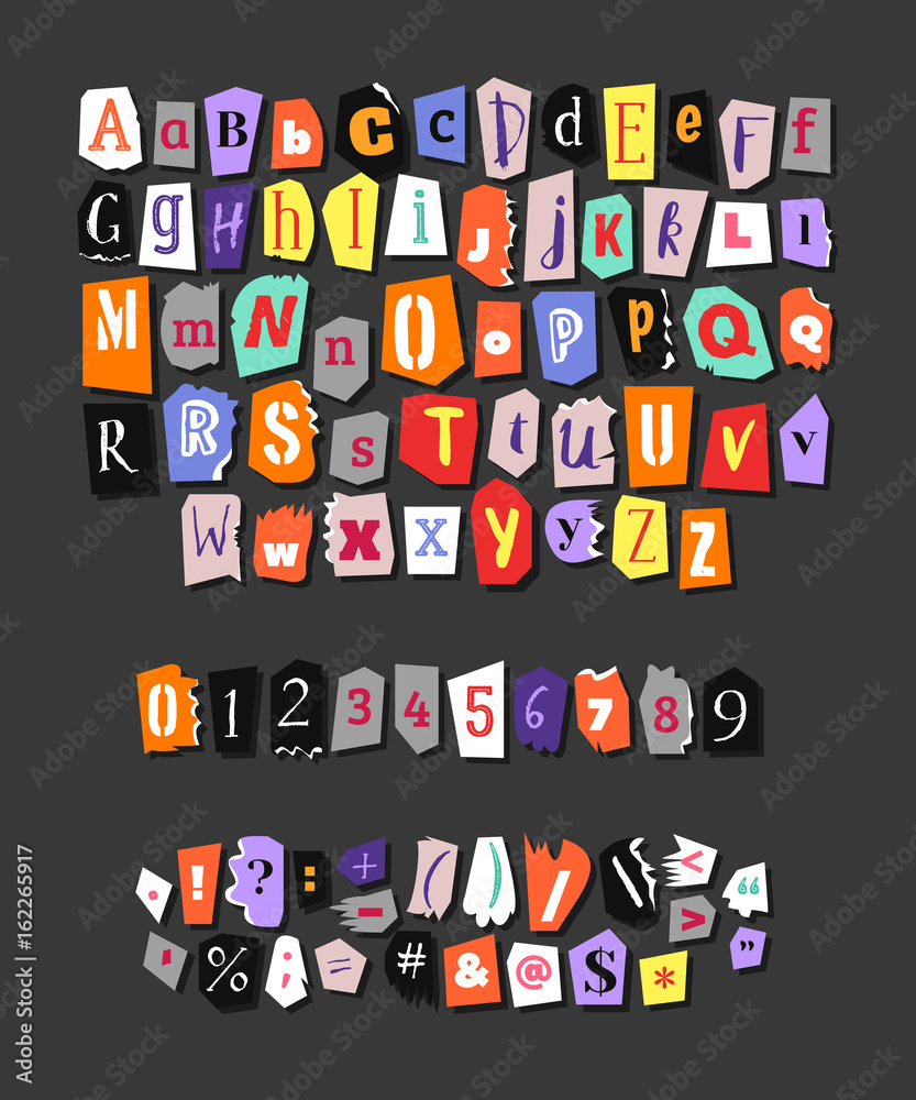 Colorful Newspaper alphabet. Hand made anonymous set. Vector Letters ...