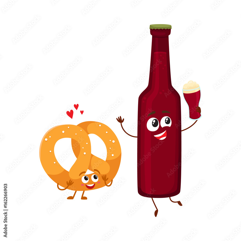Funny beer bottle and salty pretzel characters having fun, celebrating ...