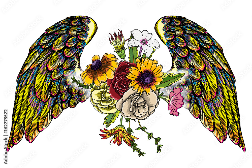 Beautiful illustration with lily, roses and chamomiles flowers and ...