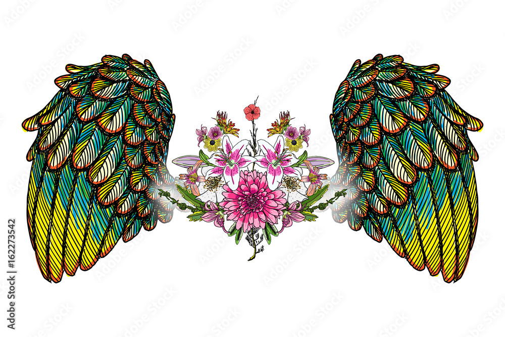 Beautiful illustration with lily, roses and chamomiles flowers and ...