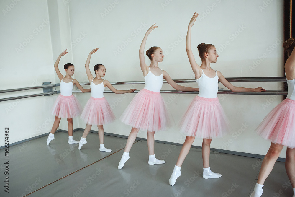 Cute little ballerinas in pink ballet costume and pointe shoes is ...