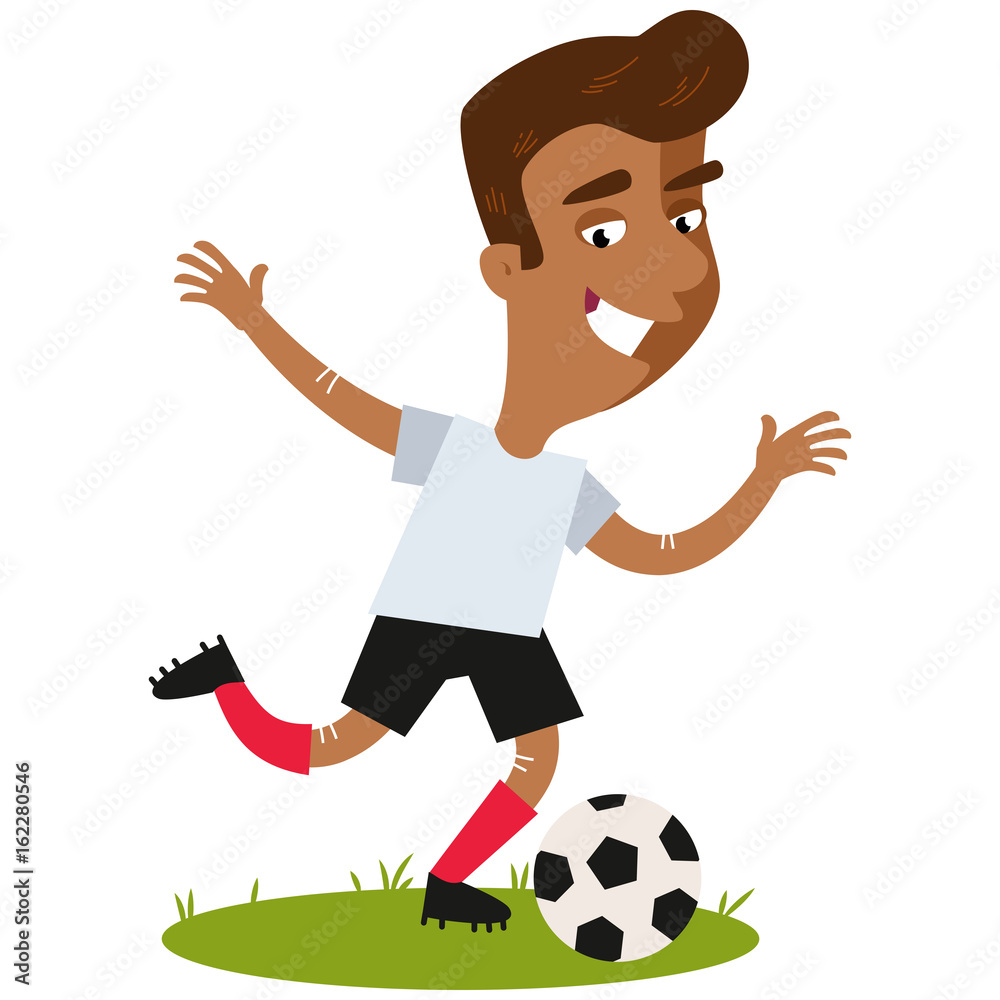 Smiling asian cartoon footballer wearing white shirt and black shorts ...