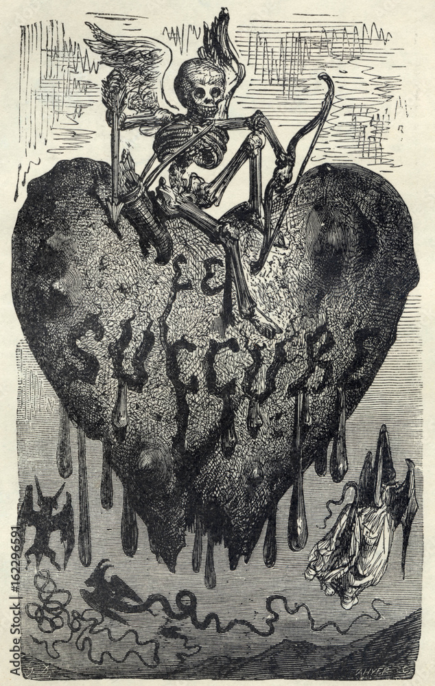Succubus demon skeleton on a bleeding heart.. Date: circa 1870 Stock ...