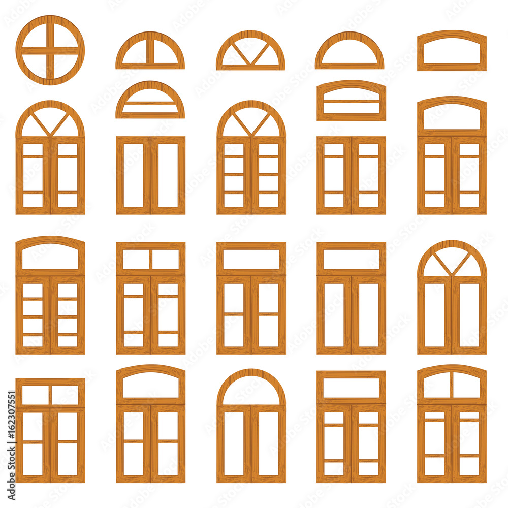 Set of vintage wood or wooden window frames view . Retro plastic ...
