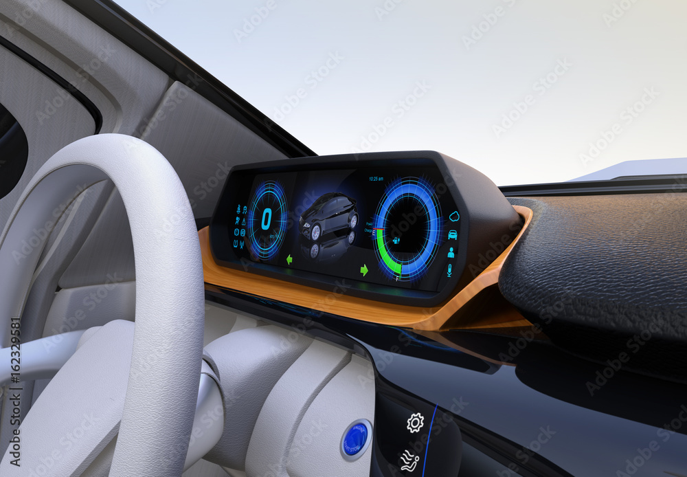 Electric car's dashboard concept. Digital speedometer on wooden tray ...