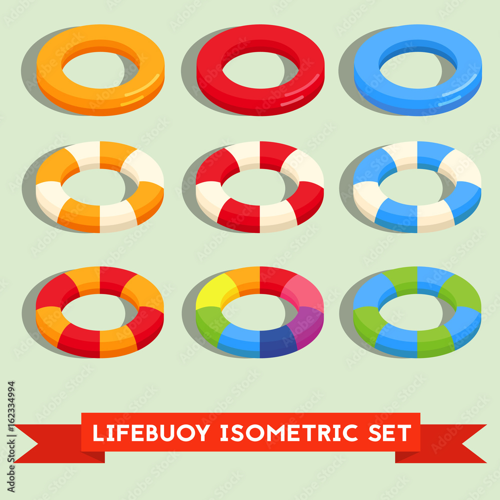 Set of isolated lifebuoy or swimming ring. Colorful stripped flat 3d ...