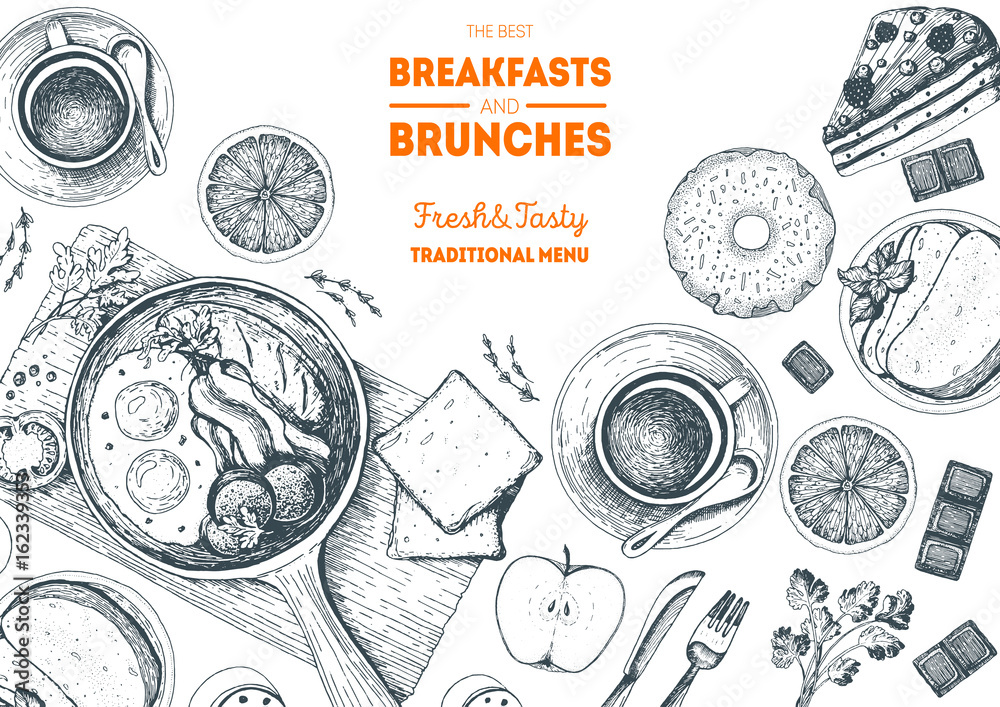 Brunch and breakfast top view frame. Food menu design. Vintage hand ...