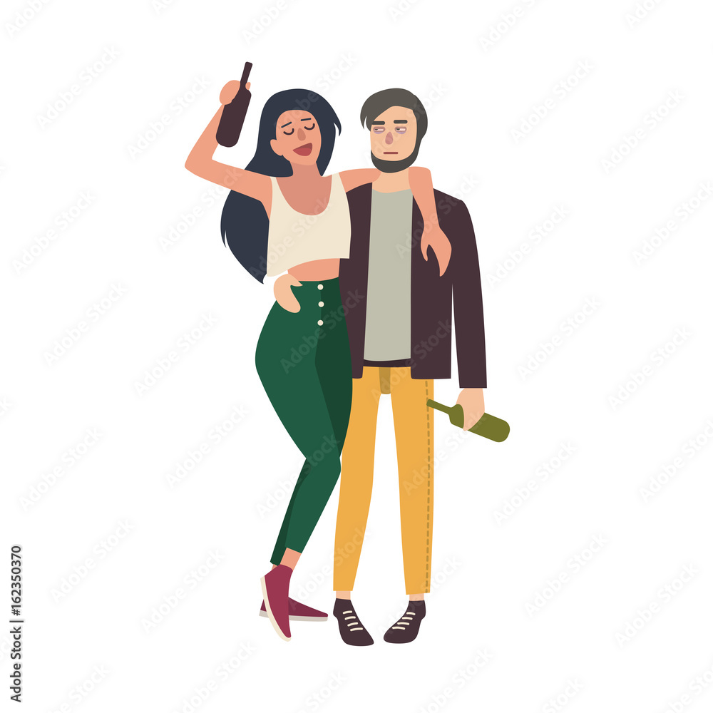 Drunk couple hugging. Young girl and guy tipsy with bottles. Colorful ...