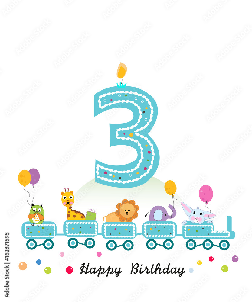 Happy third birthday greeting card. Birthday train with animals ...