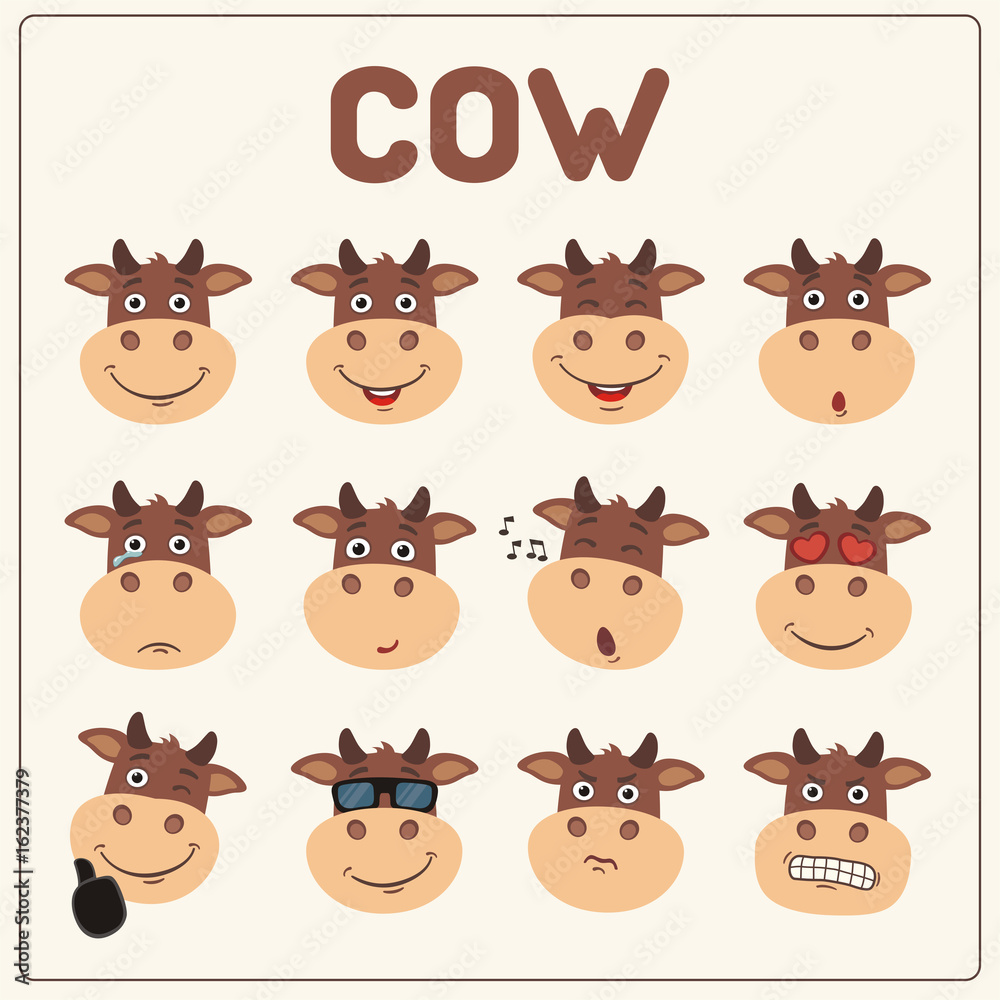Emoticons set cartoon cow face. Collection isolated funny cow different ...