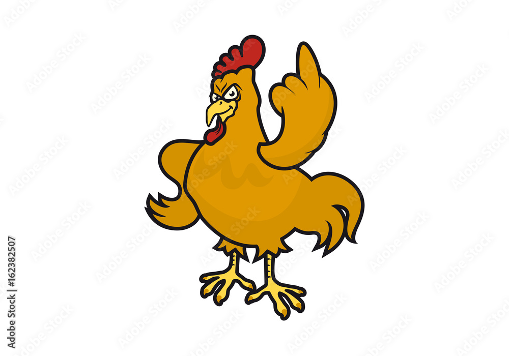 Rooster on a white background. Gesture raised fist with middle finger ...
