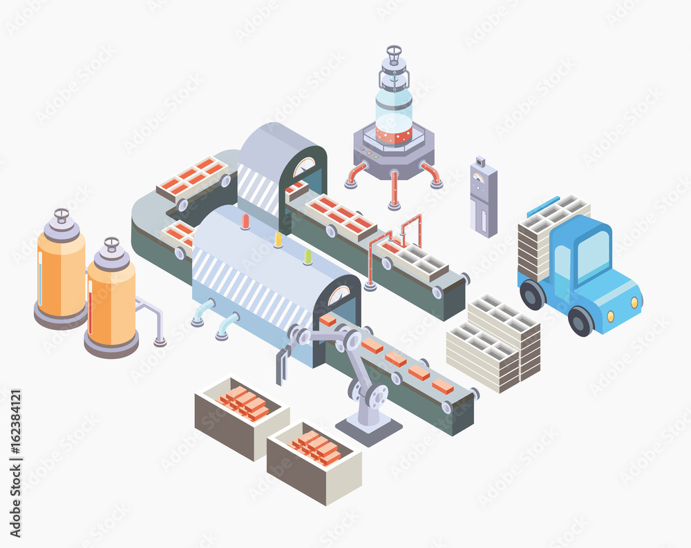 Automated production line. Factory floor with conveyor and various ...
